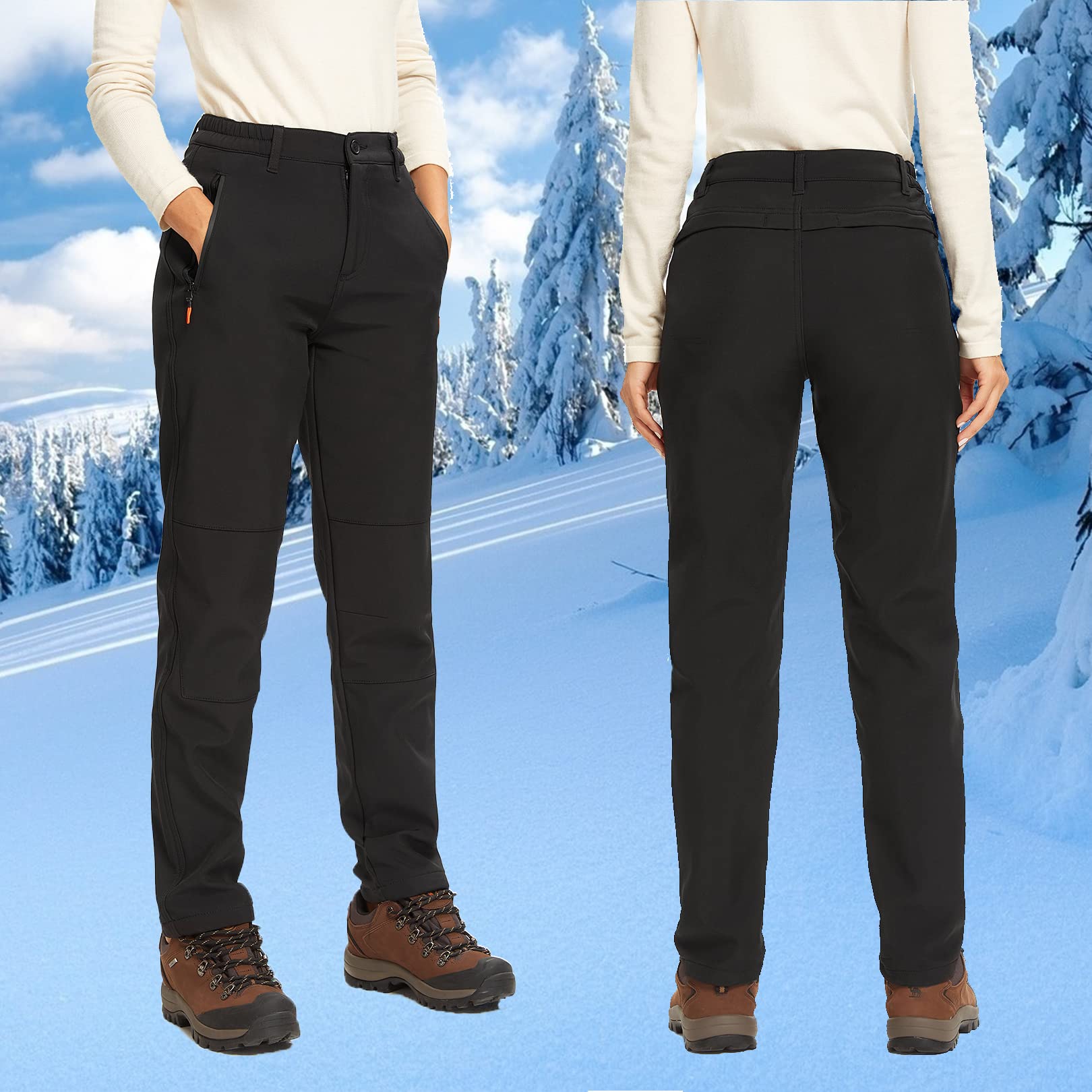 Women's Snow pants Hiking ski Waterproof Fleece Lined Outdoor Cargo Pants Softshell Winter Warm Pants with Zipper Pockets,209,Black,16