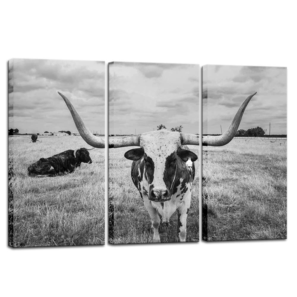 VividHome Texas Longhorn Bull Picture Cow Wall Decor Animal Canvas Print Black and White Farmhouse Wall Art for Living Room 32x48inch