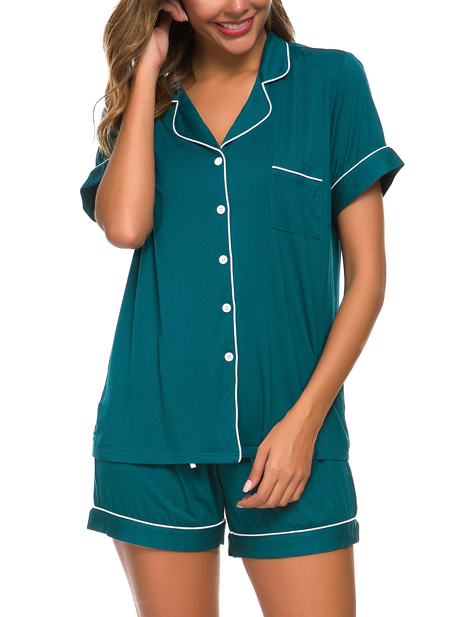 TIKTIK Pajamas Set Short Sleeve Sleepwear Womens Button Down Nightwear Soft Pj Lounge Sets with Pocket S-4XL, Peacock Green, Large