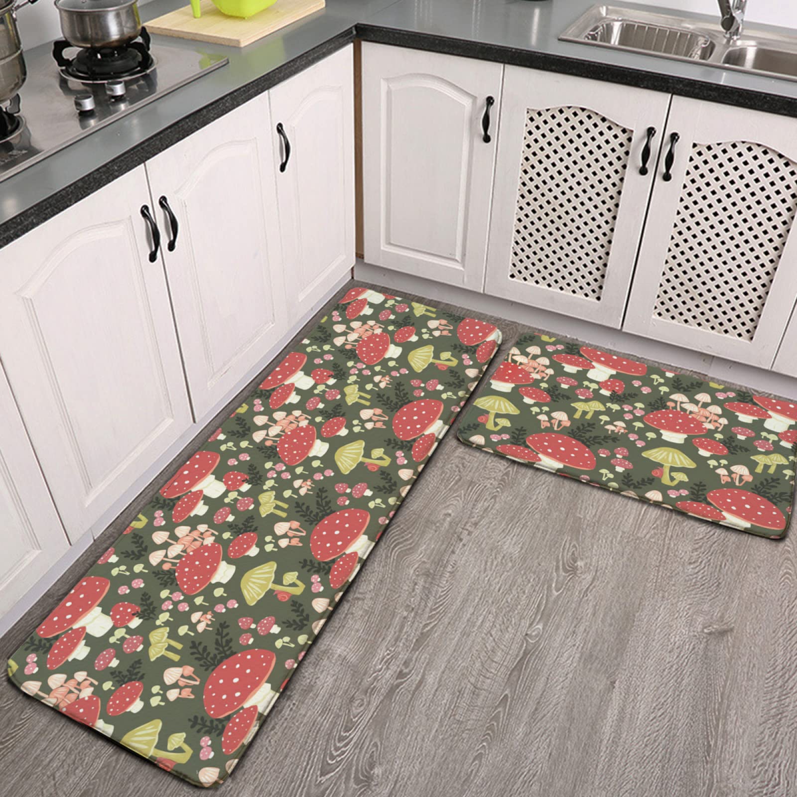 YouTary Mushrooms Pattern Kitchen Rug Set 2 PCS Floor Mats Washable Non-Slip Soft Flannel Runner Rug Doormat Carpet for Floor Home Bathroom, 17" x 47"+17" x 24"-M