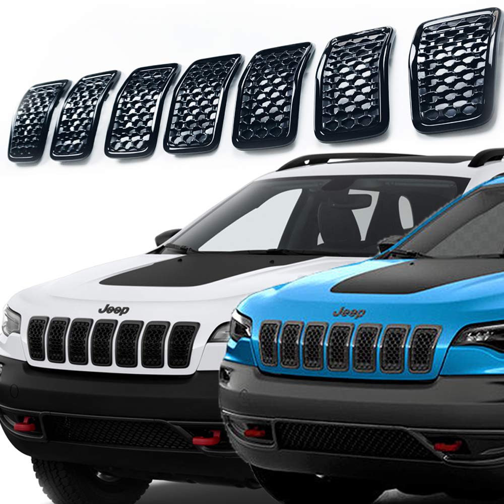 YAV Fit for 2019 2020 2021 Jeep Cherokee Black Grill Inserts Front Grille Inserts Honeycomb Mesh Cover Accessories 7PC
