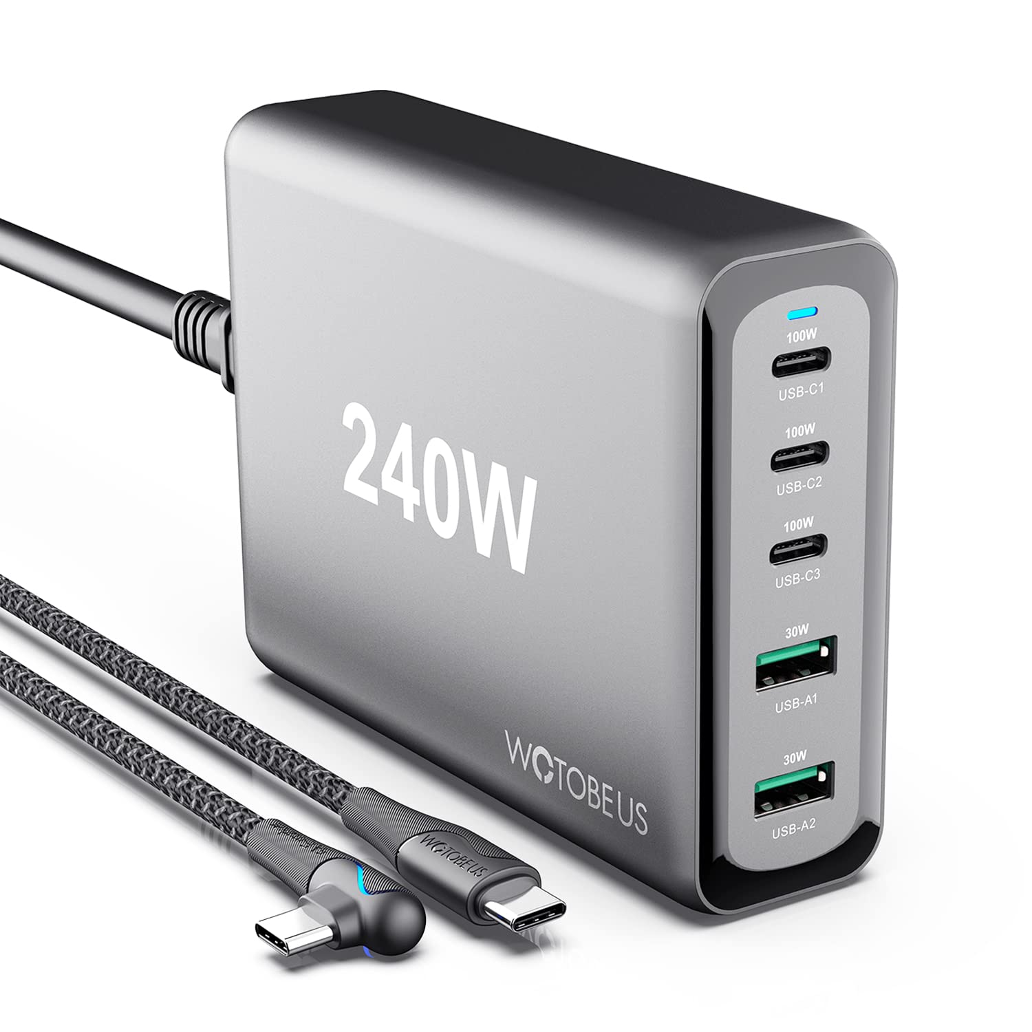 WOTOBEUS 240W 5-Ports USB C Charger | GaN PD100W PPS45W Super Fast Charging Station & 5A LED Cable & AC Cord for iPhone 15 14 Max iPad MacBook Pro Air Samsung Galaxy S24 Pixel Android Type-C Laptops
