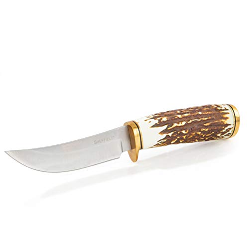 Sheffield 12188 Heard 4 Inch Fixed Blade Hunting Knife with Leather Sheath, Sharpening Stone Included, 4 Inch Injection Stag Handle, Full Tang