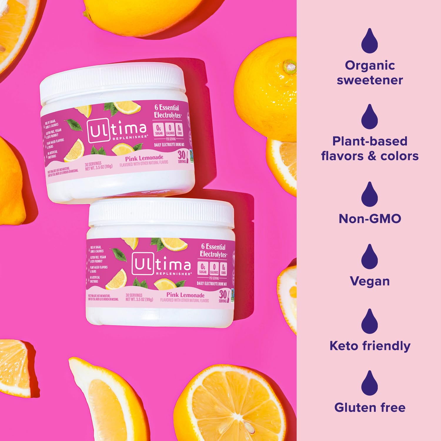 Ultima Replenisher Daily Electrolyte Drink Mix β Pink Lemonade, 30 Serving β Hydration Powder with 6 Key Electrolytes & Trace Minerals β Keto Friendly, Vegan, Non-GMO & Sugar-Free Electrolyte Powder