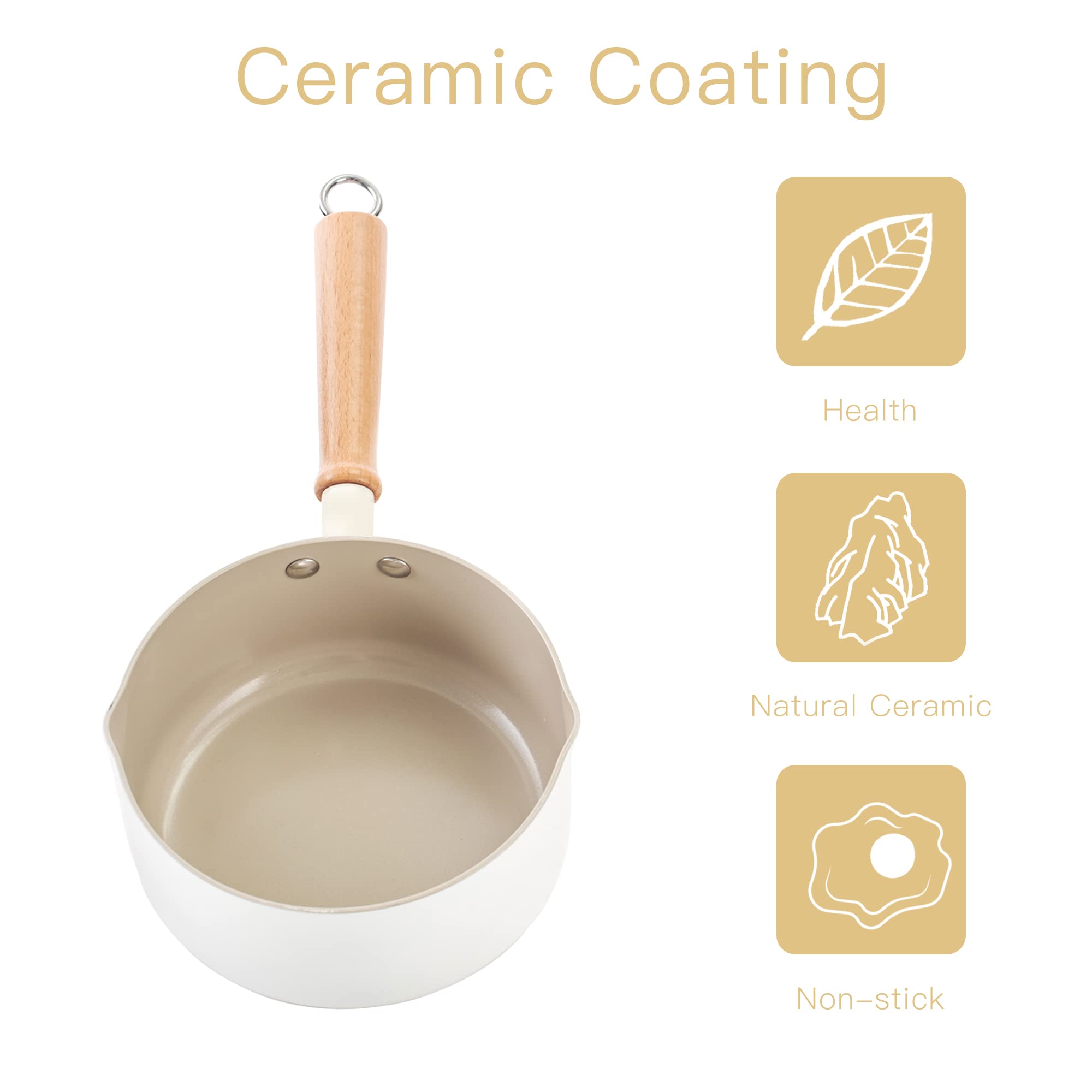 ROCKURWOK Ceramic Nonstick Sauce Pan, 1.5 QT Small Pot, Non Toxic & PFAS-Free, Wooden Handle for Cool Touch, Universal Base(Gas, Electric & Induction), White