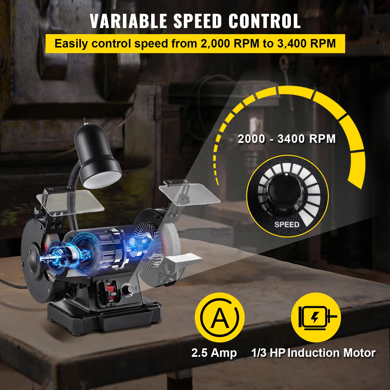VEVOR 8" Variable Speed Bench Grinder (1800-3795 RPM) with POWERTEC Diamond Grinding Wheel Dresser