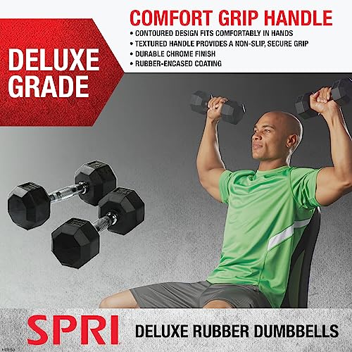 SPRI Dumbbells Deluxe Rubber Coated Hand Weights All-Purpose Color Coded Dumbbell for Strength Training (Set of 2) (15-Pound)