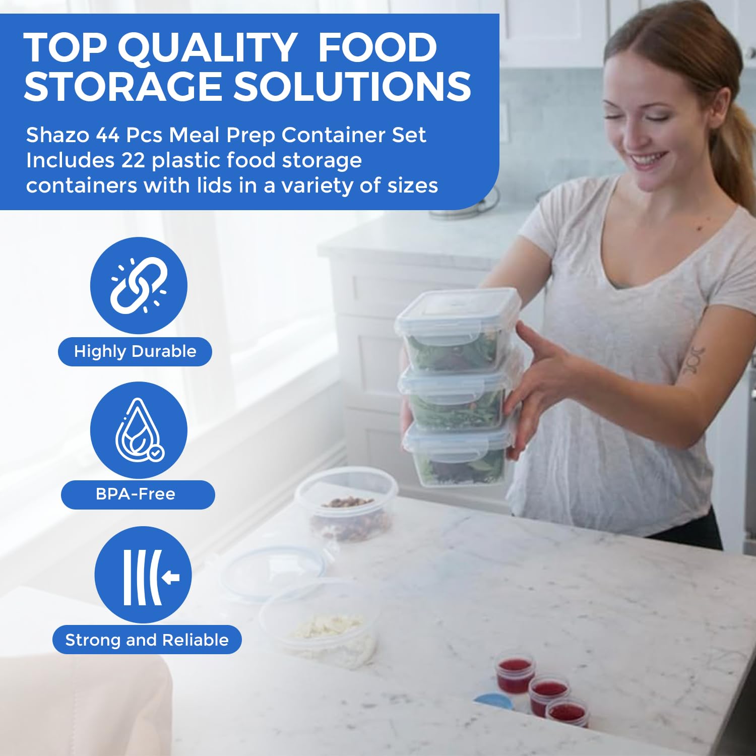 Shazo 36 pc Food Storage Containers with Lid, Plastic Food Containers for Kitchen Organization Airtight Leak Proof Meal Prep Easy Snap Lock Lunch Box - BPA Free Food Prep Storage Container