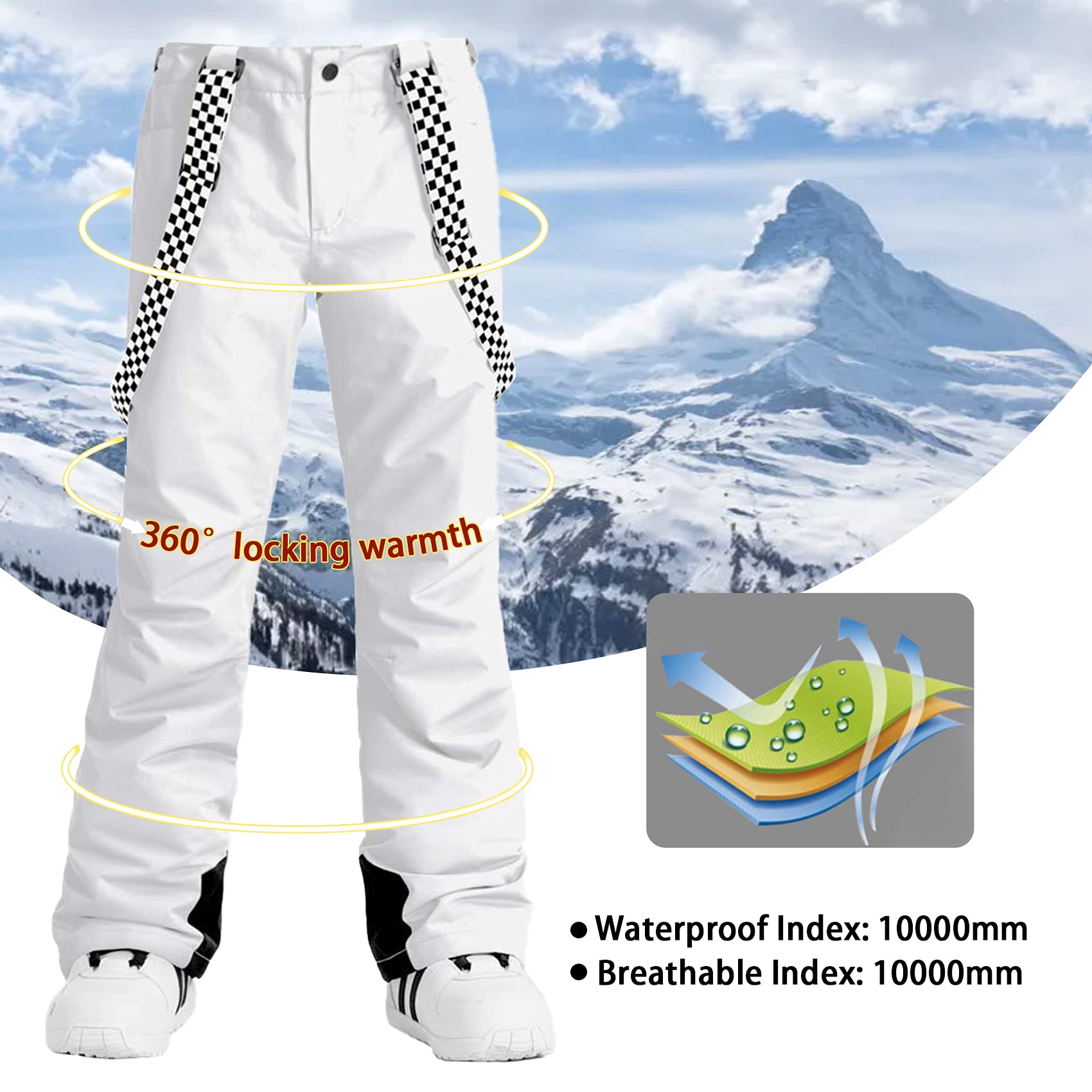 Womens Ski Pants Snow Snowboarding Waterproof Windproof Winter Outdoor Hiking Warm,White,M