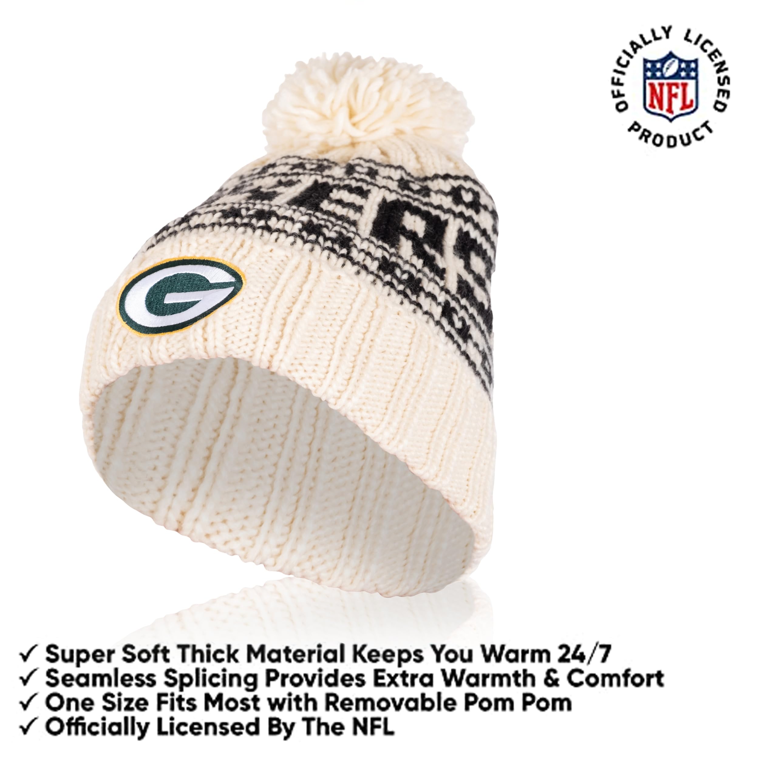 Ultra Game NFL Mens Womens Super Soft Cable Knit Winter Beanie Knit Hat with Extra Warm Touch Screen Gloves, Green Bay Packers