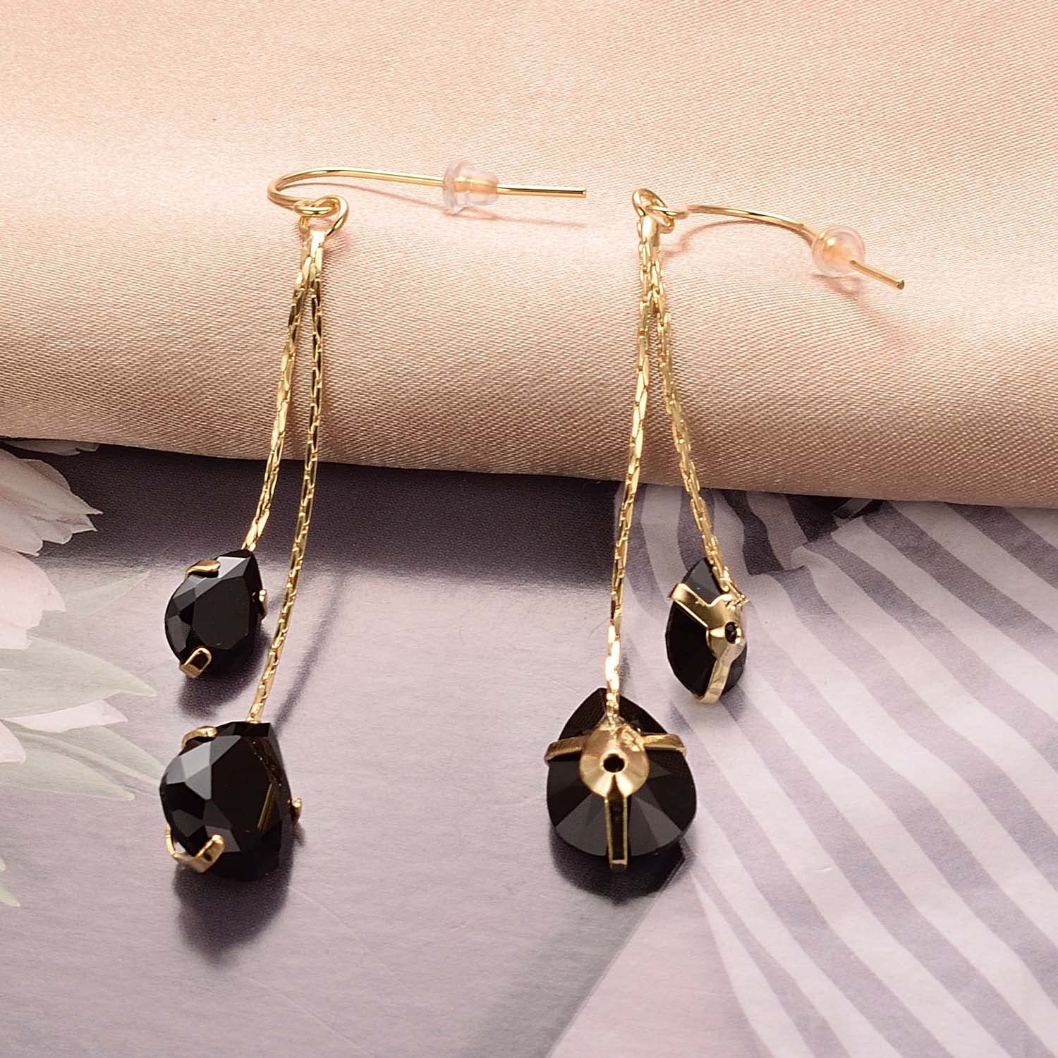Vissen Black Cubic Zirconia Drop Dangle Chain Earrings for Women Dainty Gold Plated CZ Long Dangling Earrings