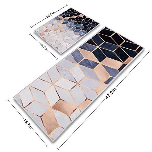 Vioncci Kitchen Rug Set, 2 Pieces Absorbent Non Slip Kitchen Mat, Microfiber Material Doormat Runner Rug Set (15.7"×23.6" + 15.7"×47.2")Gradient Blue