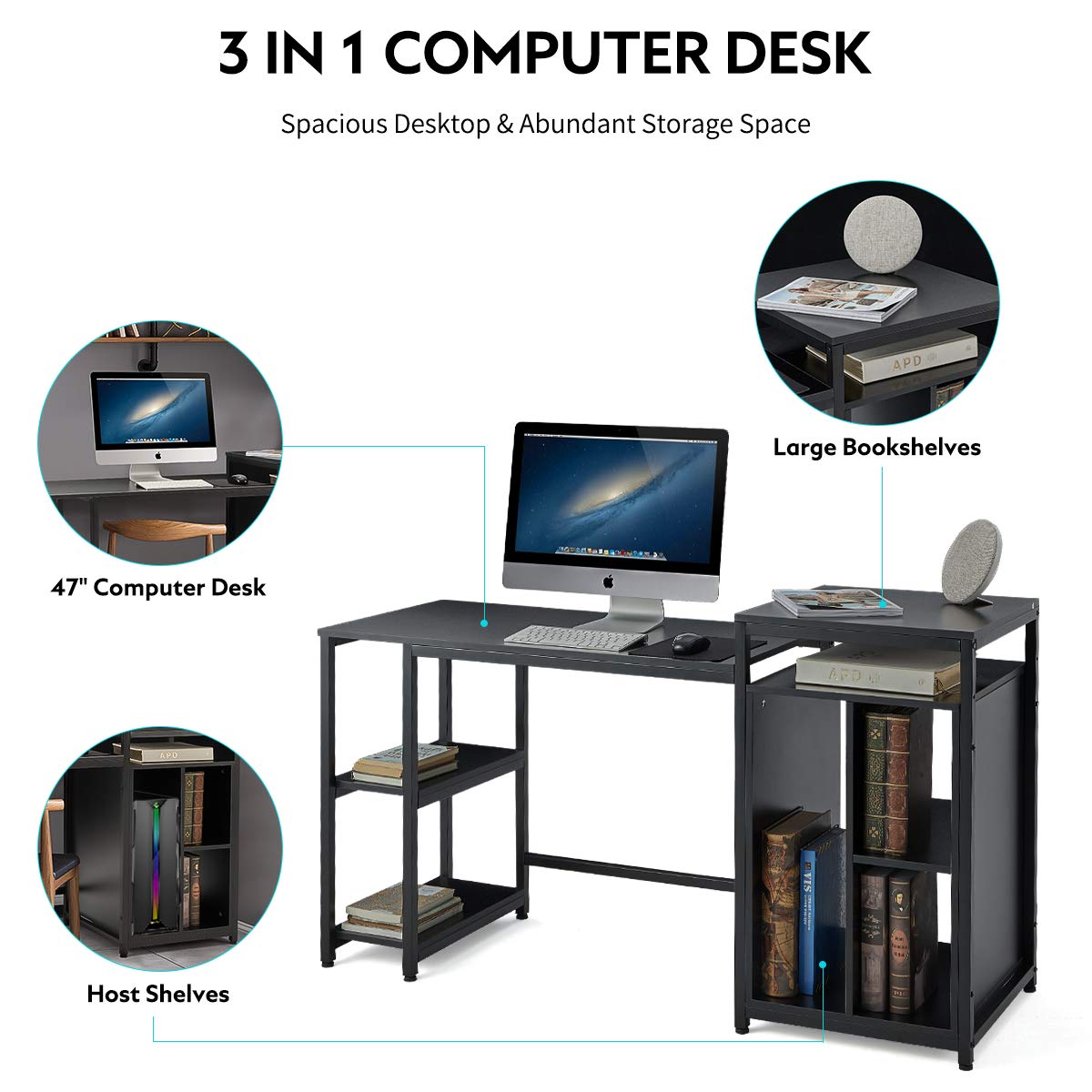 YOLENY Computer Desk with Storage Bookshelves,47 inch Modern Sturdy Writing Desk,PC Table with Space Saving Design,Home Office Desk Workstation for Home Office,Black