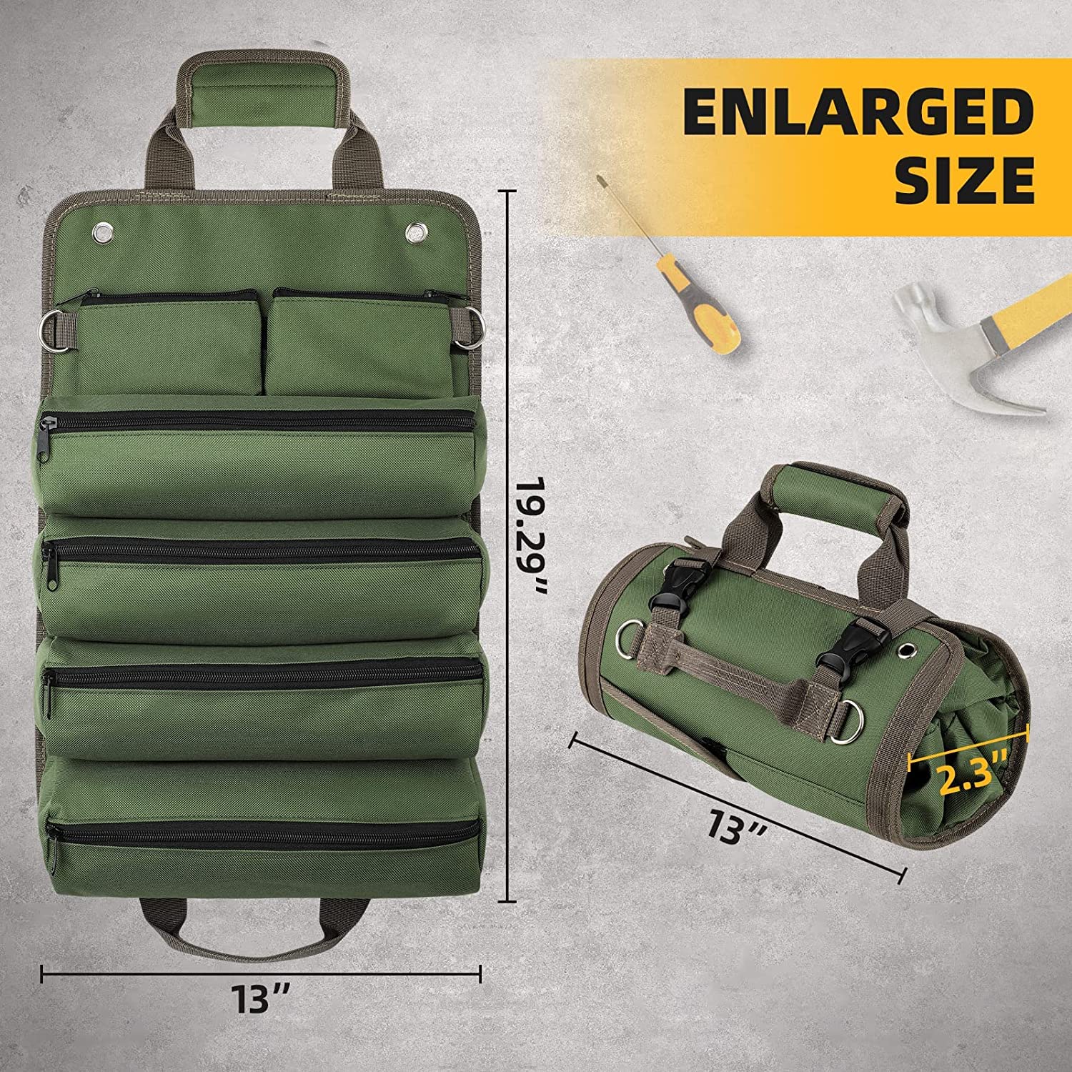 Tool Bag Roll Up, UUP Heavy Duty Tool Organizer for Men Women, Portable Tool Storage Box with 2 Detachable Zipper Pouch, Compact Small Carrier Bag for Electrician Mechanic, Father Day Dad Gifts, Green