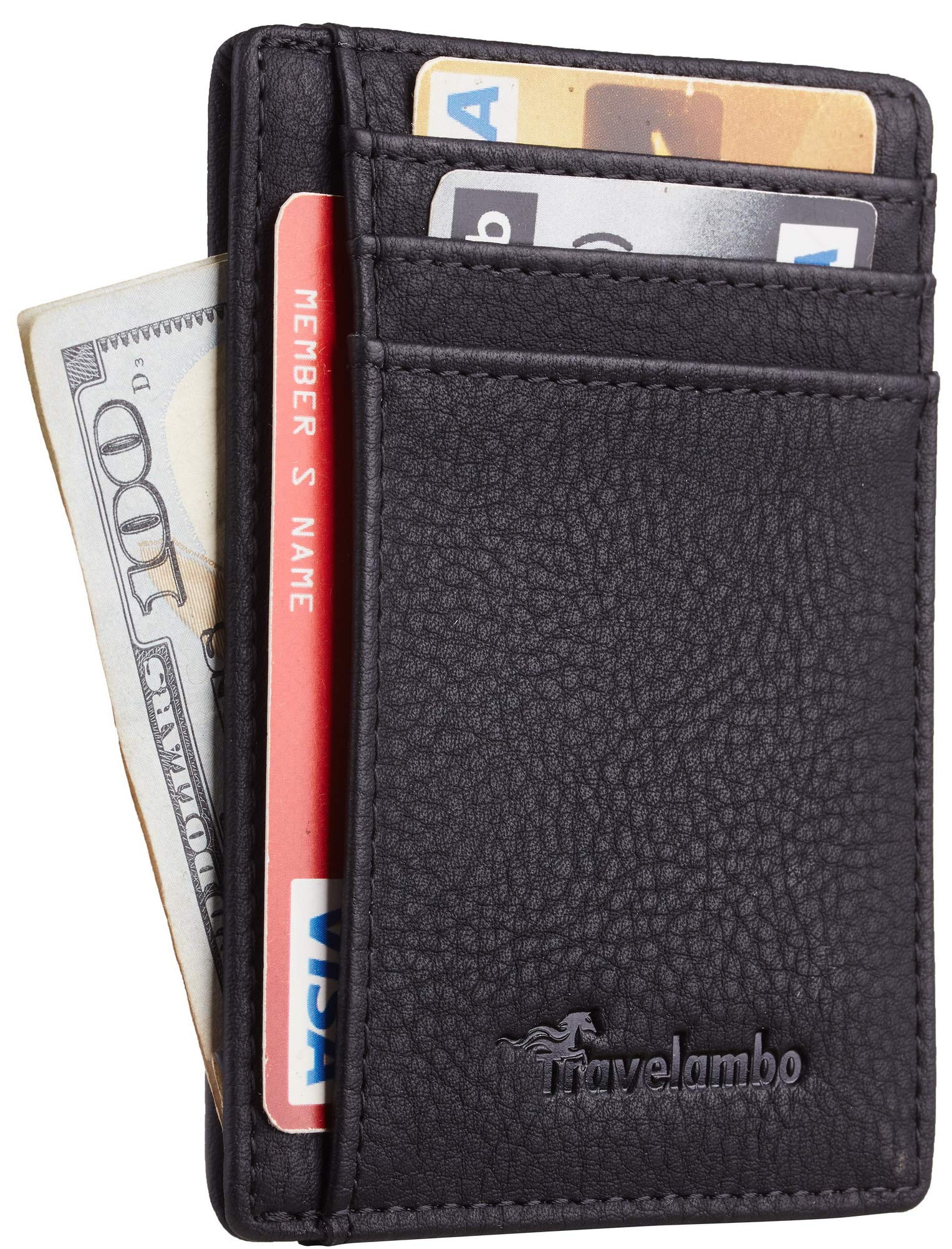 Travelambo Front Pocket Minimalist Leather Slim Wallet RFID Blocking Medium Size(OD Black)