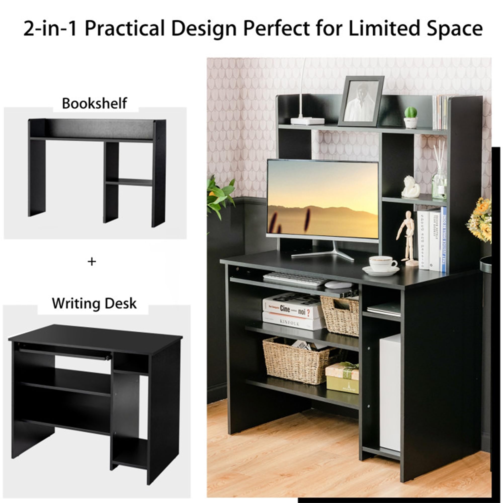TUOCHUFUN Multipurpose Home Office Computer Writing Desk, Home Office Computer Desk with Bookcase Keyboard Tray and CPU Stand (Black)