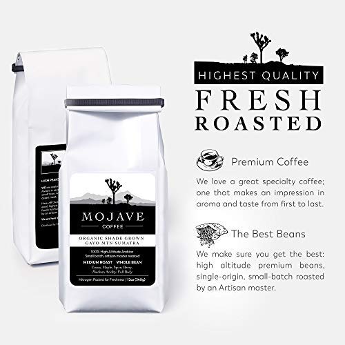USDA Organic, Single-Origin, Shade-Grown Gayo Mountain Sumatra Coffee, Whole Bean, Medium Roast, from High-Altitude Grown Arabica, Small-Batch, Fresh Roasted 12oz Coffee Bag - Mojave Coffee