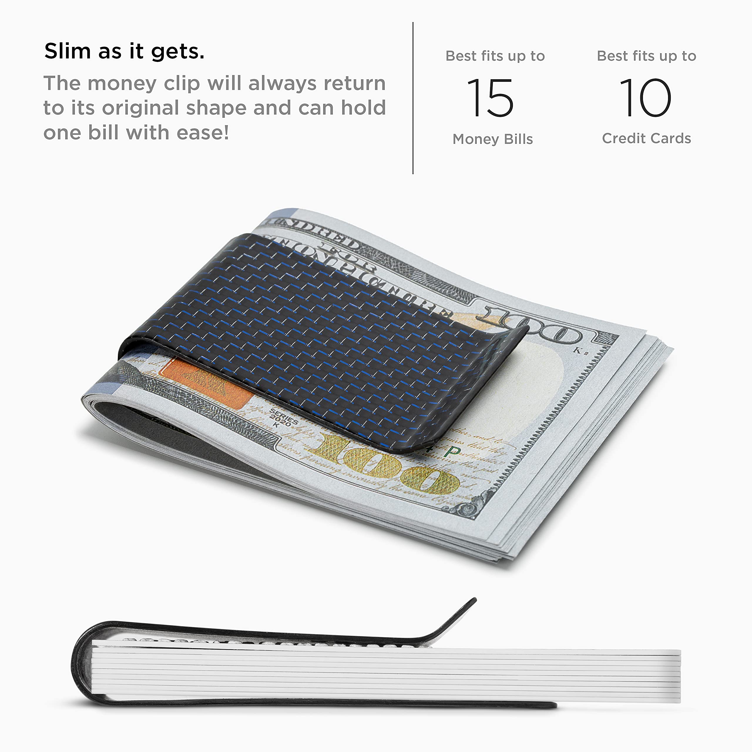 SERMAN BRANDS Carbon Fiber Money Clip Credit Card Holder Slim Business Front Pocket Clips for Men Black Glossy (Blue/black)