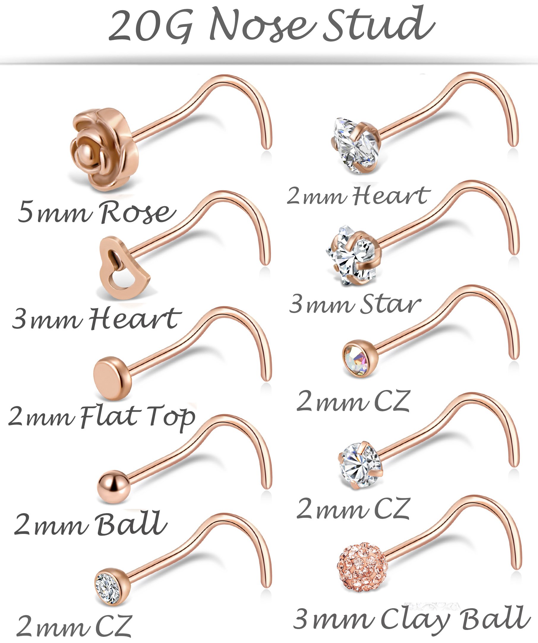 Tornito 20G 20Pcs Stainless Steel Nose Screw Studs Rings CZ Nose Ring Labret Nose Piercing Jewelry for Men Women (A1:20Pcs)