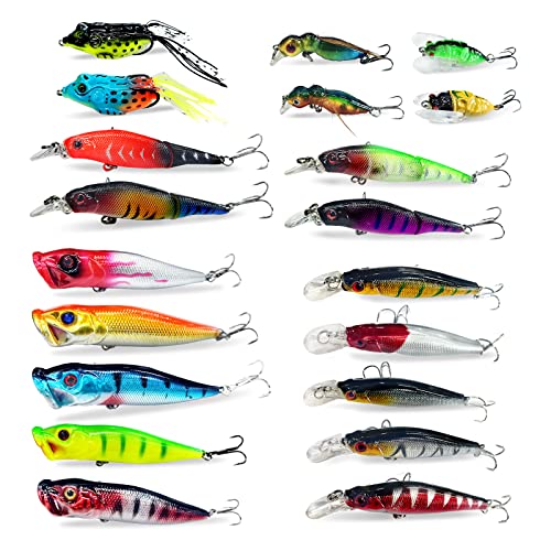 XBLACK Hard Fishing Lures Set 20PCS Minnow Popper Jointed Frog Cicada Cricket Baits for Beginner Starter, XBLACK Baits, Catch Big Fish!