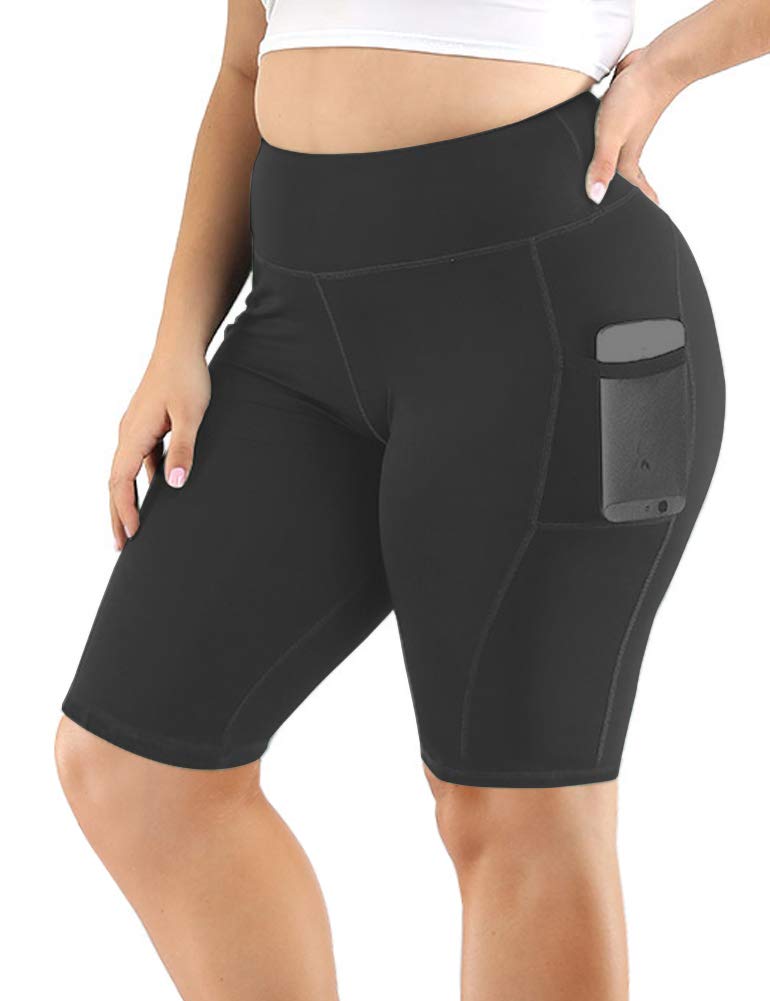Uoohal Women's Yoga Shorts Plus Size High Waist Workout Biker Active Shorts Tummy Control Side Pockets Black 3XL