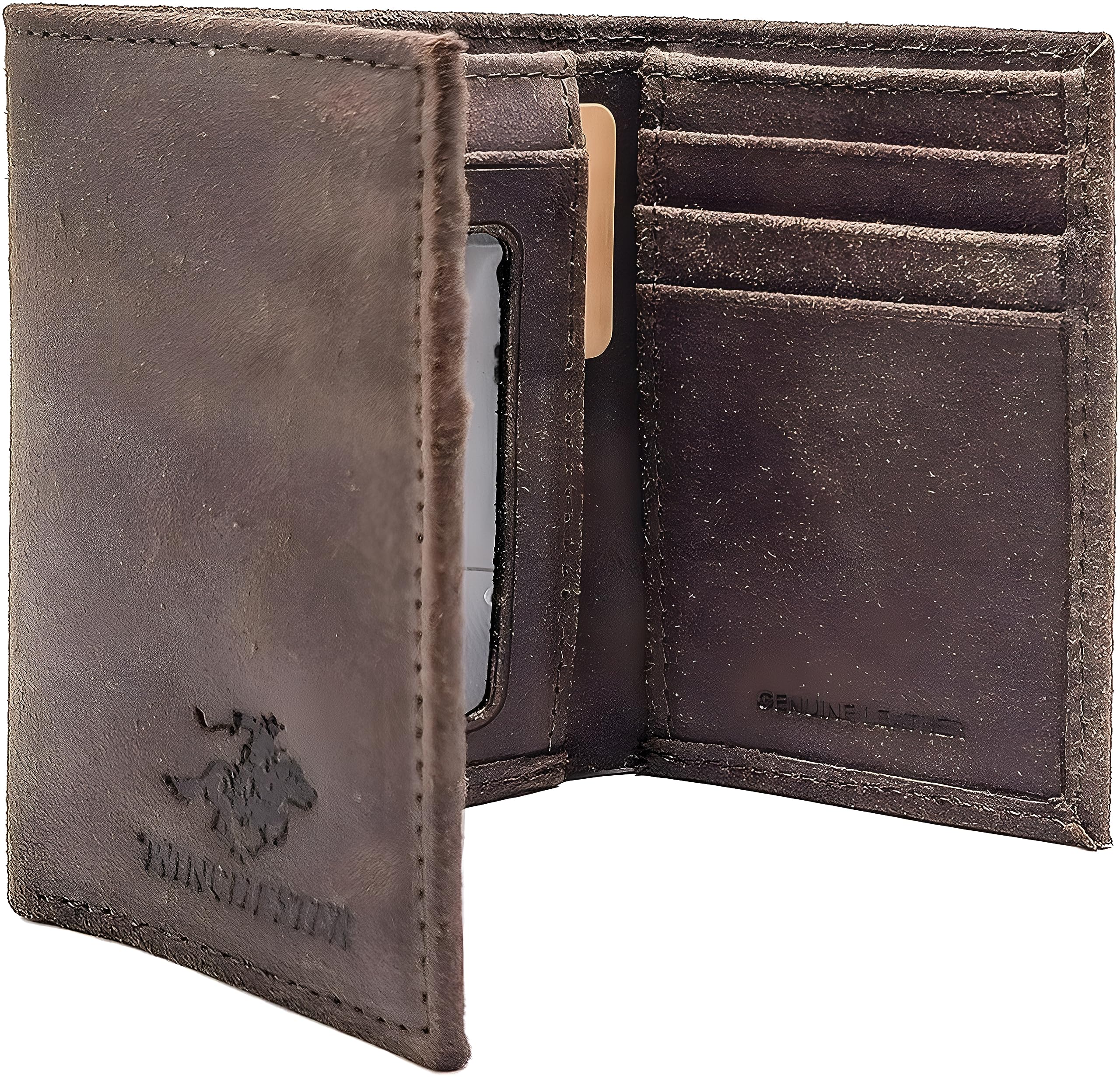 Winchester Trifold Wallets for Men - RFID Brown Full Grain Leather, ID Window Credit Card Slots, Slim Lightweight Minimalist Wallet, Little Amarillo
