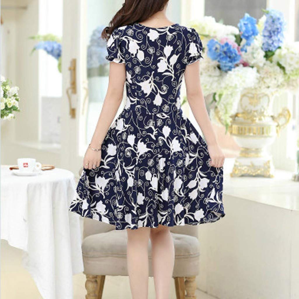 Women's Floral Swing Dress High Waisted Pattern Printed Short Sleeve Retro Pleated Round Neck A-Line Dress Black