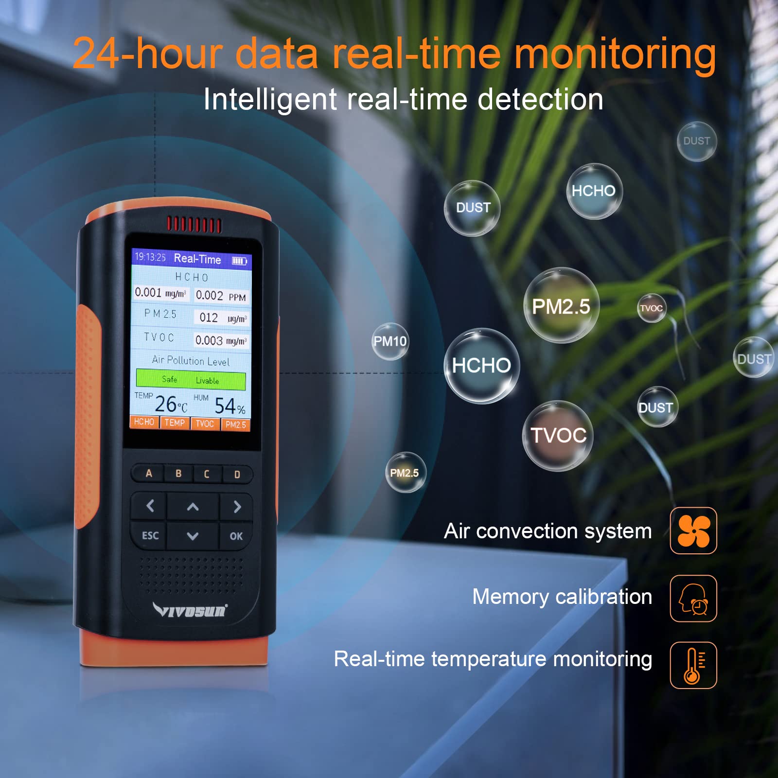 VIVOSUN Air Quality Monitor Indoor Pollution Detector Formaldehyde Tester, TVOC and PM2.5/PM1.0/PM10 Micron Dust Meter, Temp and Humidity Sensor Function