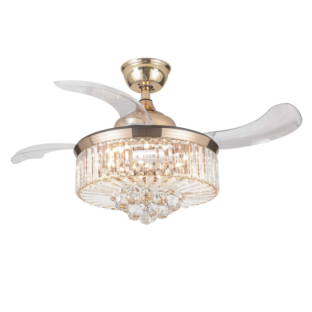 yomay Modern Crystal Chandelier Ceiling Fan with Lights and Remote, Invisible 36 Inch Fandelier LED Light kit with Retractable Blades, Gold