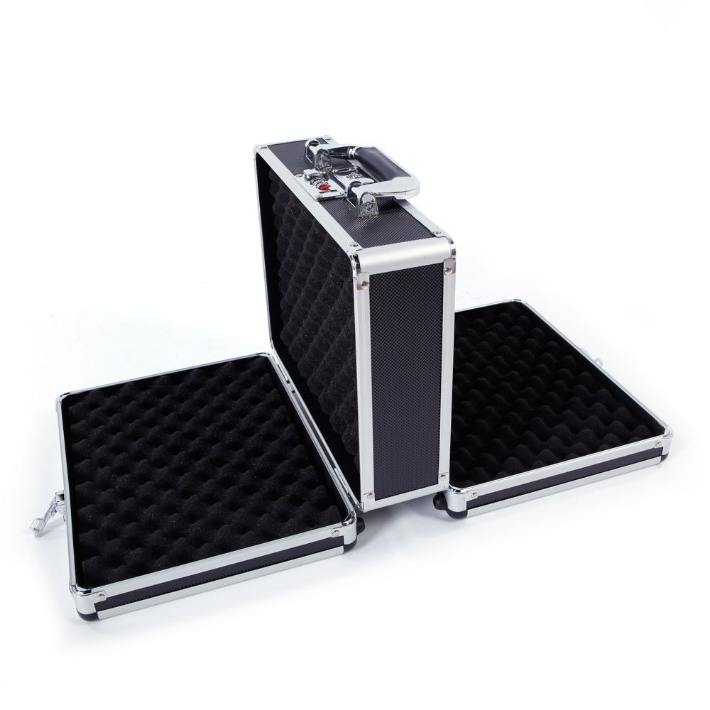 SSLine Portable Aluminum Hard Pistol Case Locking Handgun Security Box with 2 Separate Compartments Safe Lock Storage Gun Case with Thick Foam Padded - 11.81" L x 9.05" W x 5.91" H