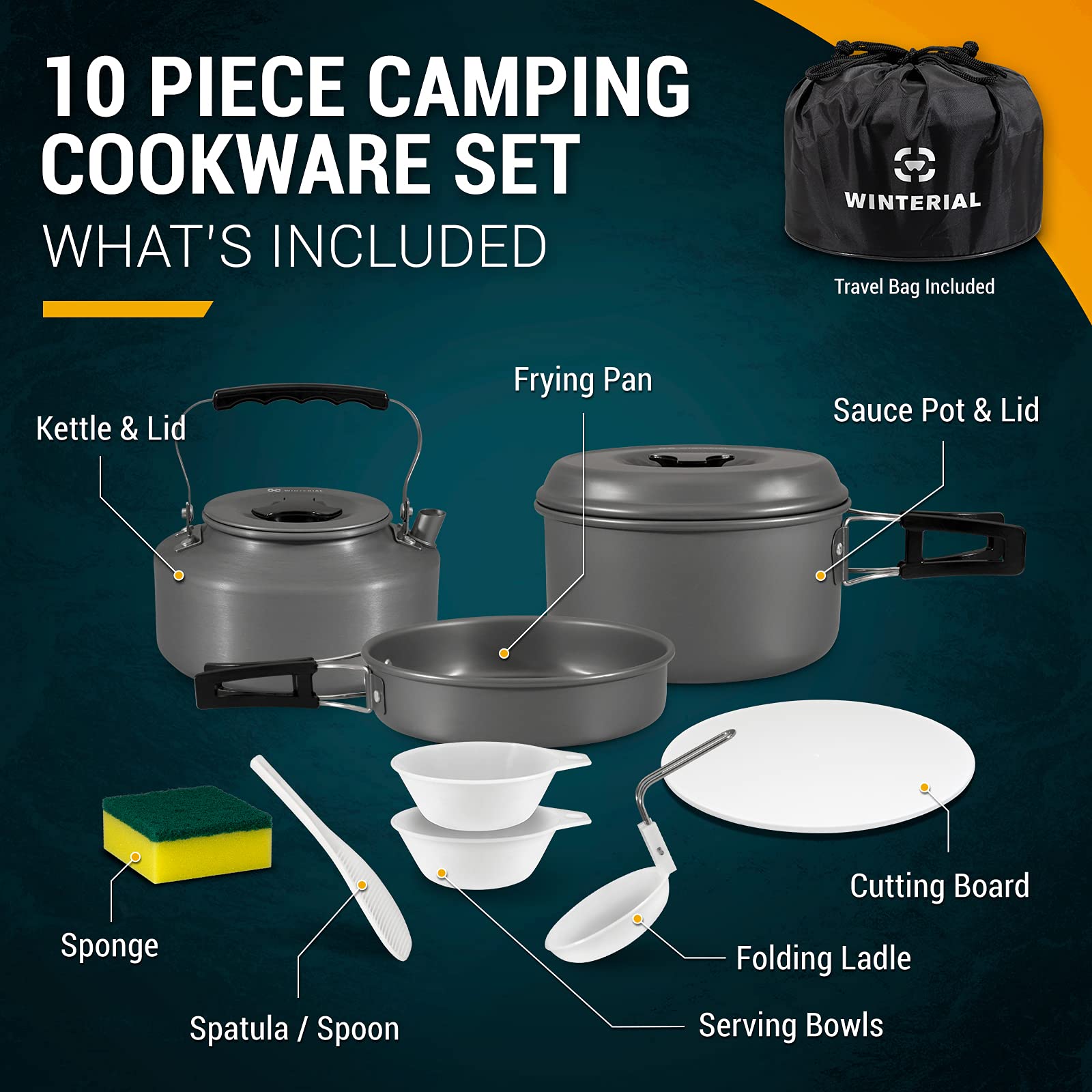Winterial Camping Cookware and Pot Set 10 Piece Set For Camping / Backpacking / Hiking / Trekking