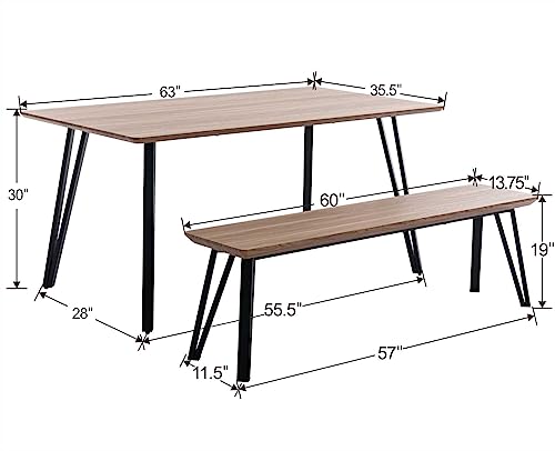 Wahson Wood Dining Table Set for 4, 60β Modern Dining Table with 1 Bench, for Kitchen, Living Room, Walnut