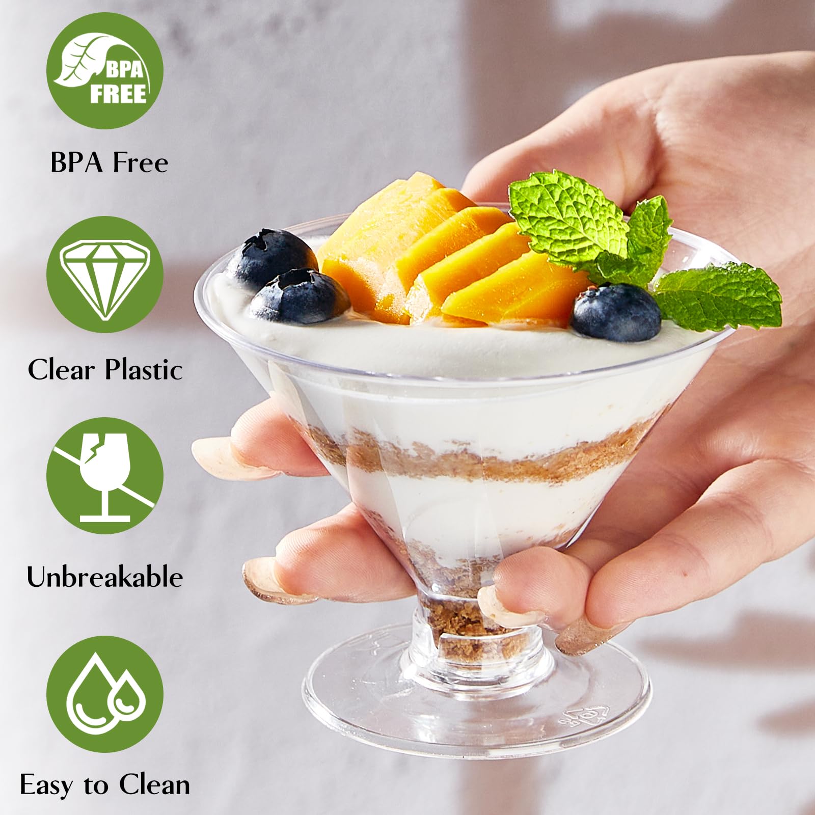 TOFLEN 40 Pack Plastic Martini Glasses 5 Oz Mini Dessert Cups with Spoons Reuasble Cocktail Shooters Clear Short Stem Shot Glasses for Party Wine, Desserts and Appetizers