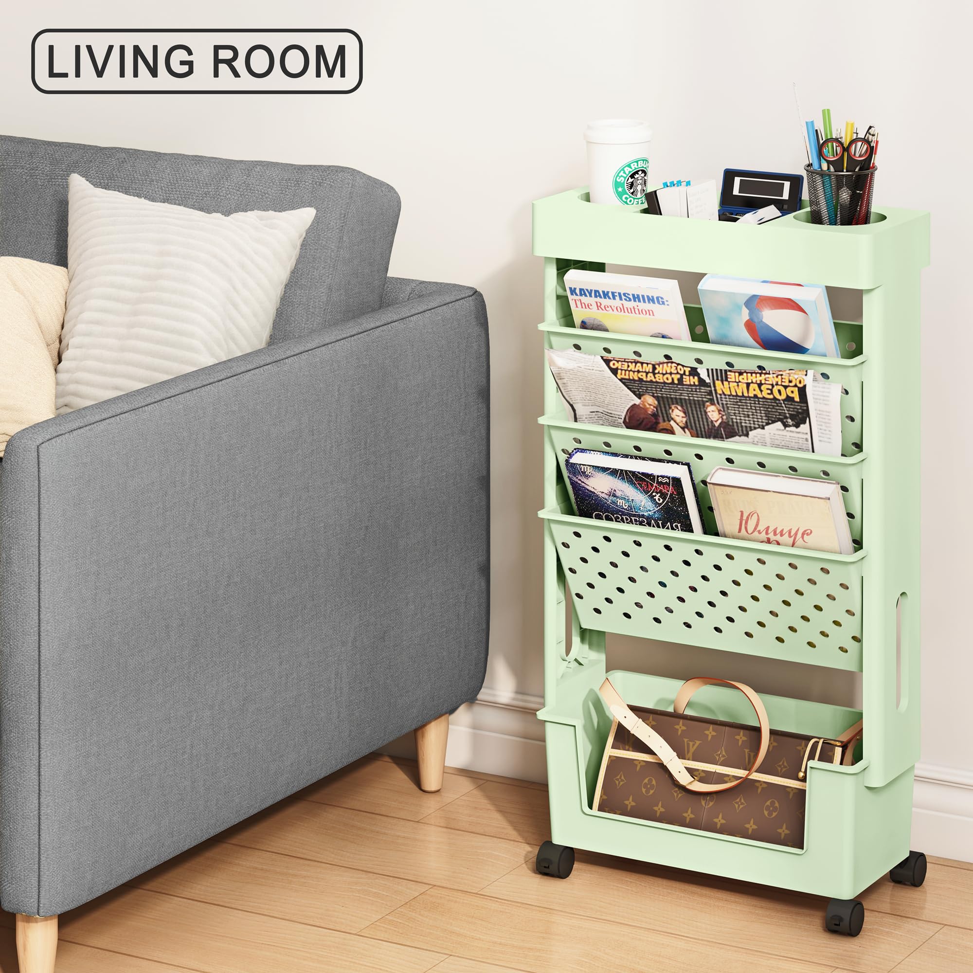 yeavs 5-Tier Mobile Bookshelf, Rolling Bookcase Book Storage Rack, Movable File Folder Organizer Cart with Wheels for Home Study Office Living Room Classroom, Green