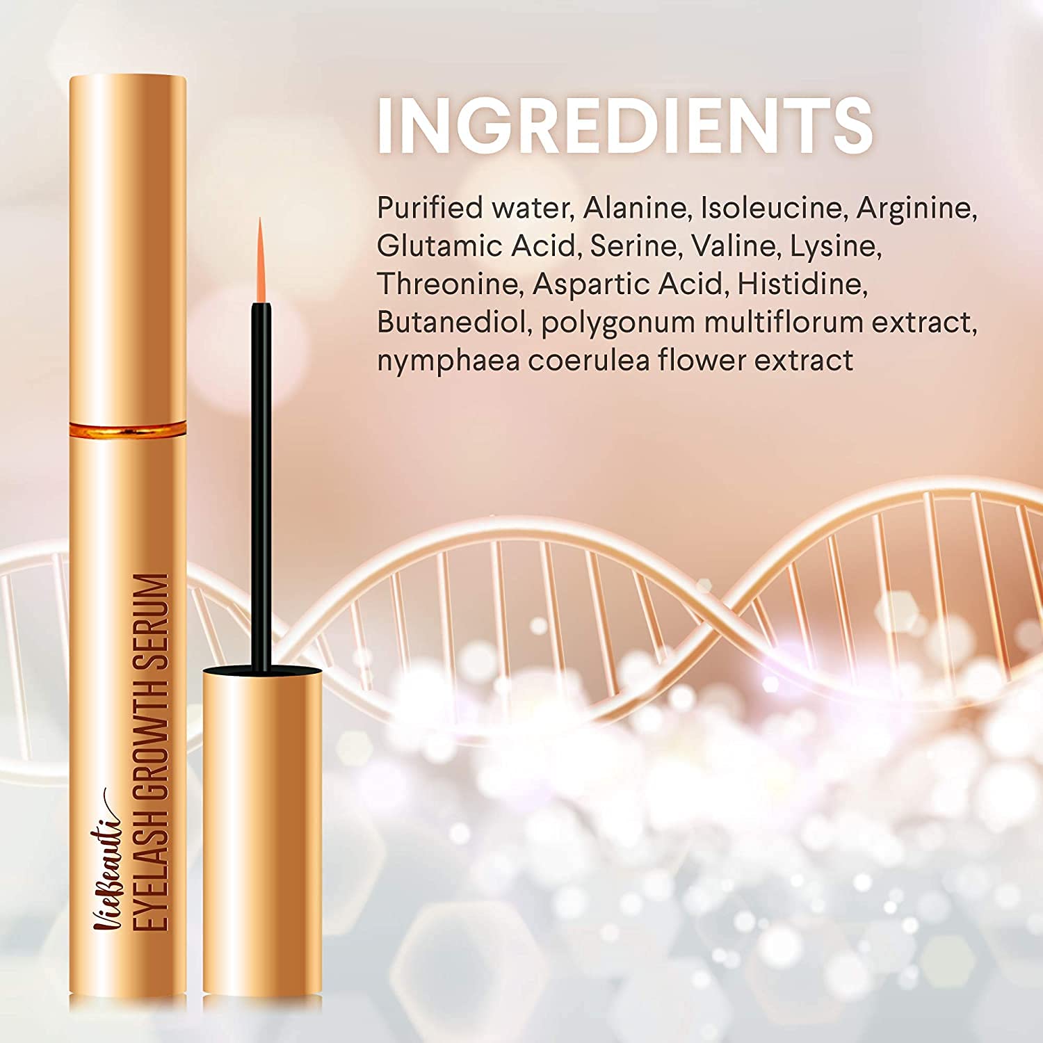 VieBeauti Premium Eyelash Serum and Eyebrow Enhancement Formula, Boosts Lash for Thicker, Fuller Looking Lashes and Eyebrows (3ML) | Gold Packaging, 0.1 Fl. Oz.