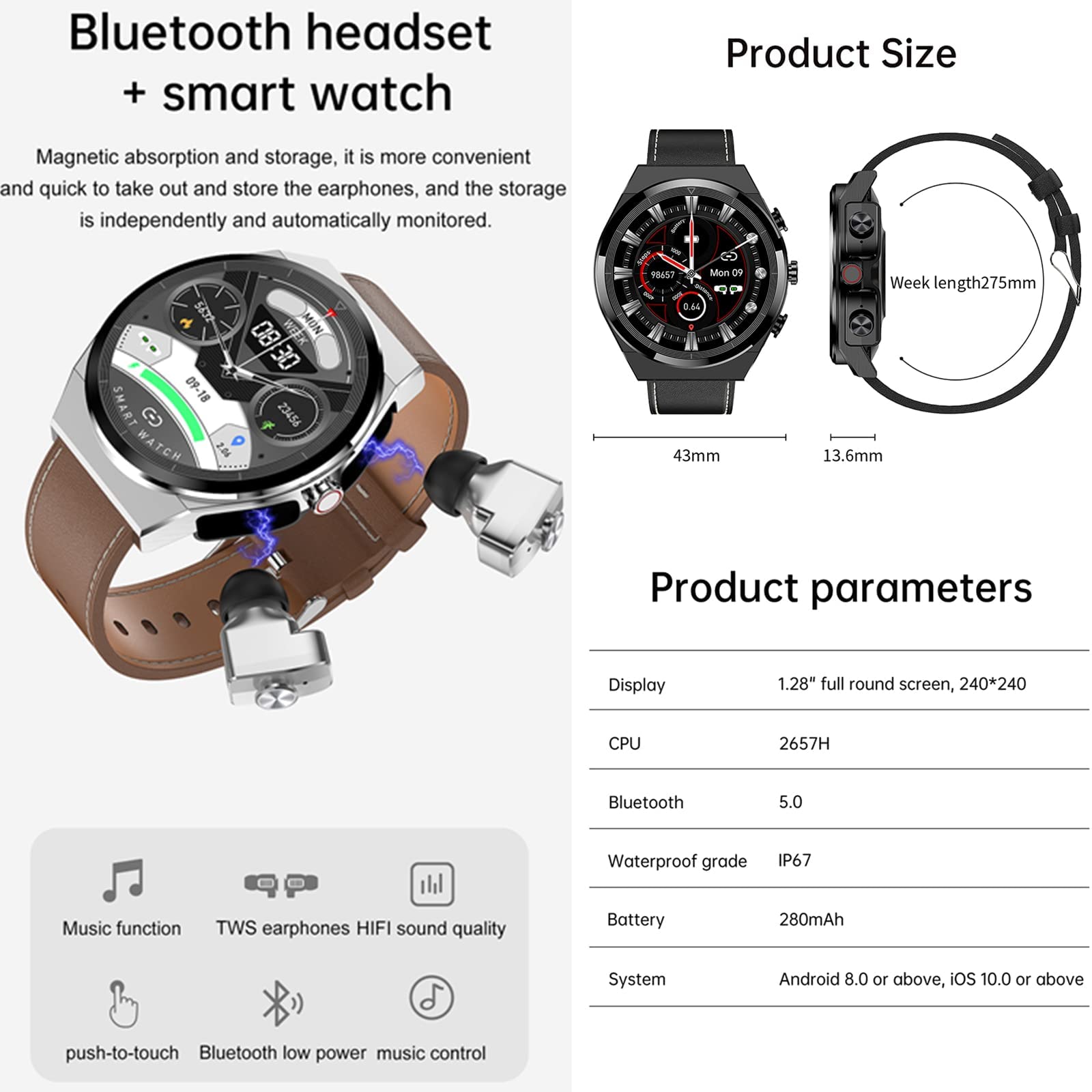 Tuanzi JM08 2 in 1 Smart Watch with Earbuds 1.28" Smartwatch TWS HiFi Stereo Wireless Headset Combo Bluetooth Phone Call for Android iOS (Silver Silicone)