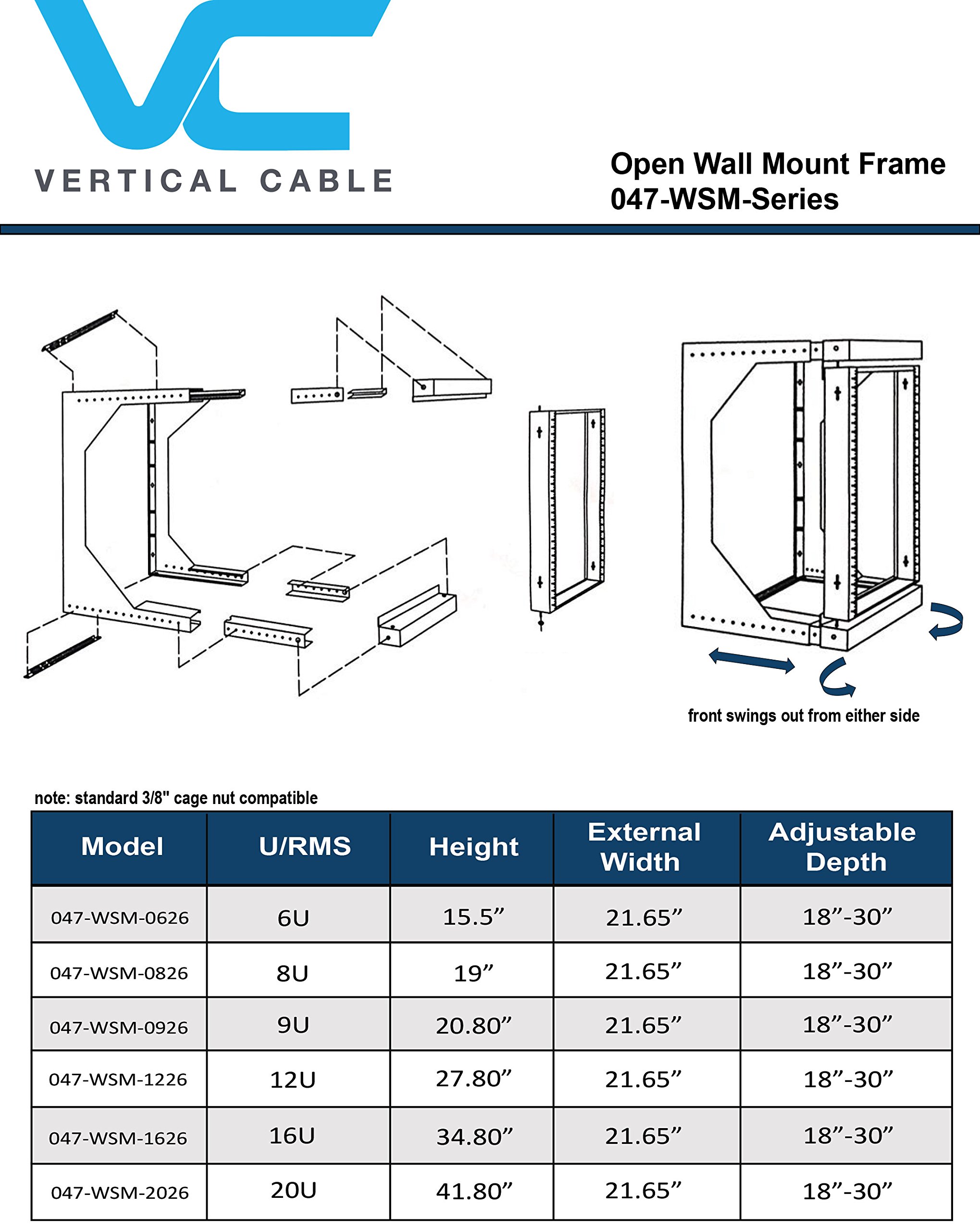 Vertical Cable 20U Open Wall Mount Frame Rack with Hinge - Adjustable Depth 18"-30" 047-WSM-2026