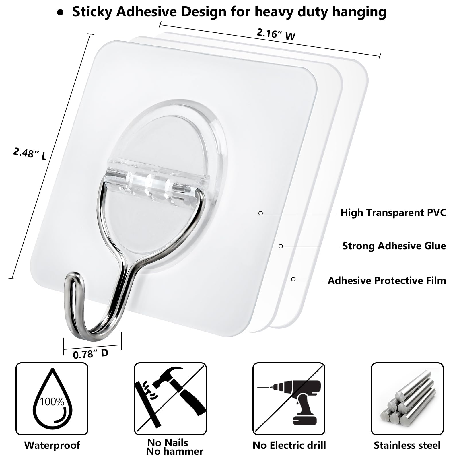Willtok 12PCS Premium Adhesive Hooks, Stainless Steel No-Tools Adhesive Hooks for Hanging Heavy Duty, Sticky Adhesive Hook with Strong Holding for Decoration/Organization