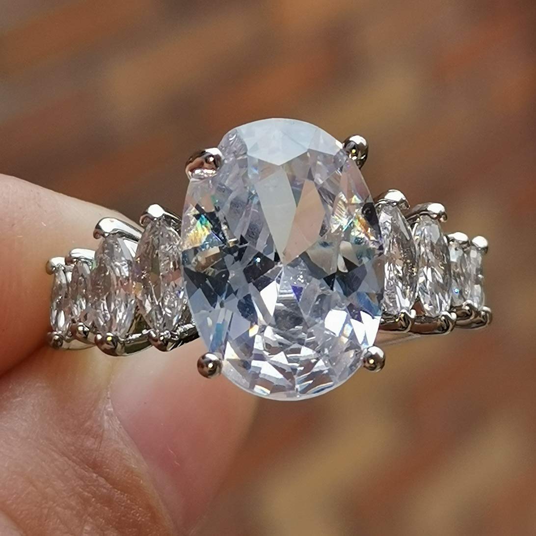 WANGYUSHENG Plated Silver Marquise Cut & Oval Cut Cubic Zirconia CZ Statement Halo Art Deco Cluster Wedding Engagement Ring 6.8 carats (US size 8)