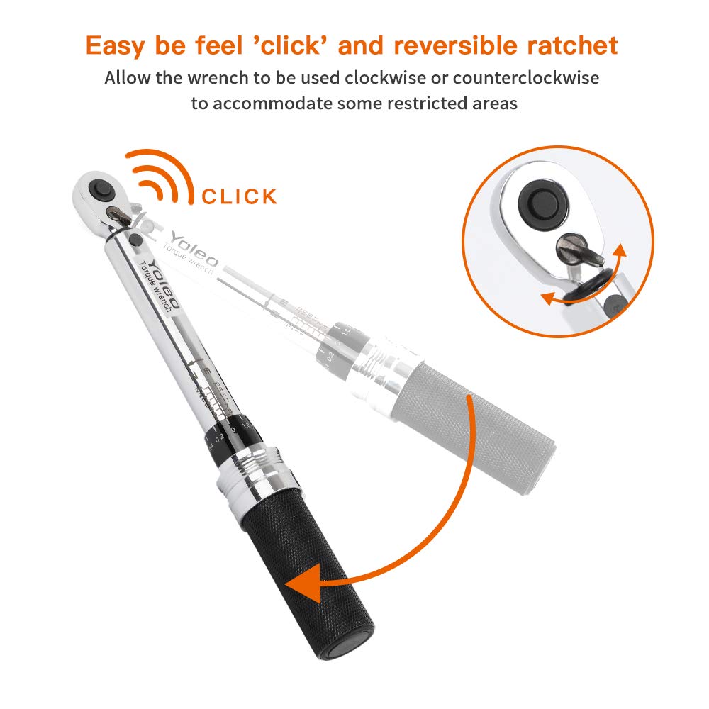 YOLEO 1/4 Inch Drive Click Torque Wrench Set, 1-25 Nm/ 9-221 in.-lb., Aluminum, Silver, Black