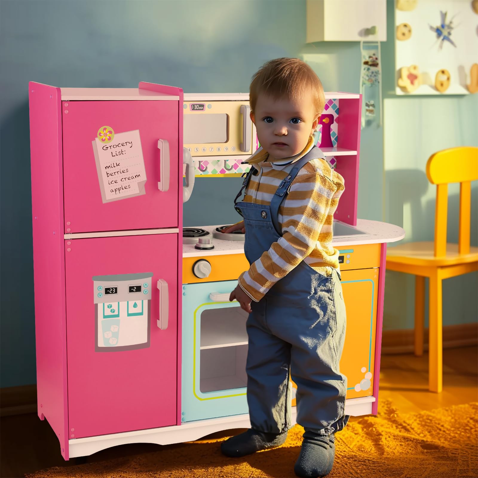 WoodenEdu Kitchen Playset for Kids Ages 3-8, Wooden Pretend Play Kitchen, Including Telephone, Ice Maker, Refrigerator, Dimensions: 35β H x 31β W x 12β D (Colorful)