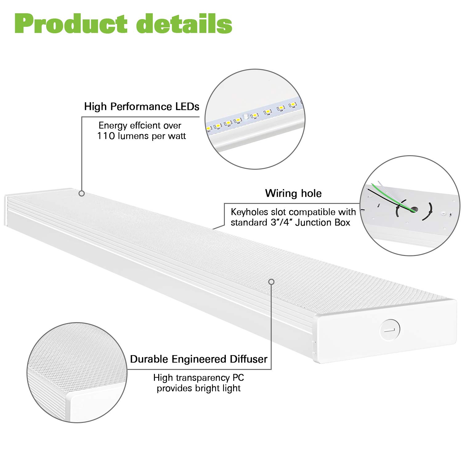 Yeegfeyeyy 4FT LED Wraparound Shop Lights, 40W, 4400lm [2-lamp 32W Fluorescent Equiv.], 4000K Neutral White, Flush Mount 48 Inch LED Light Fixtures, LED Wrap Ceiling Light for Garage, Office