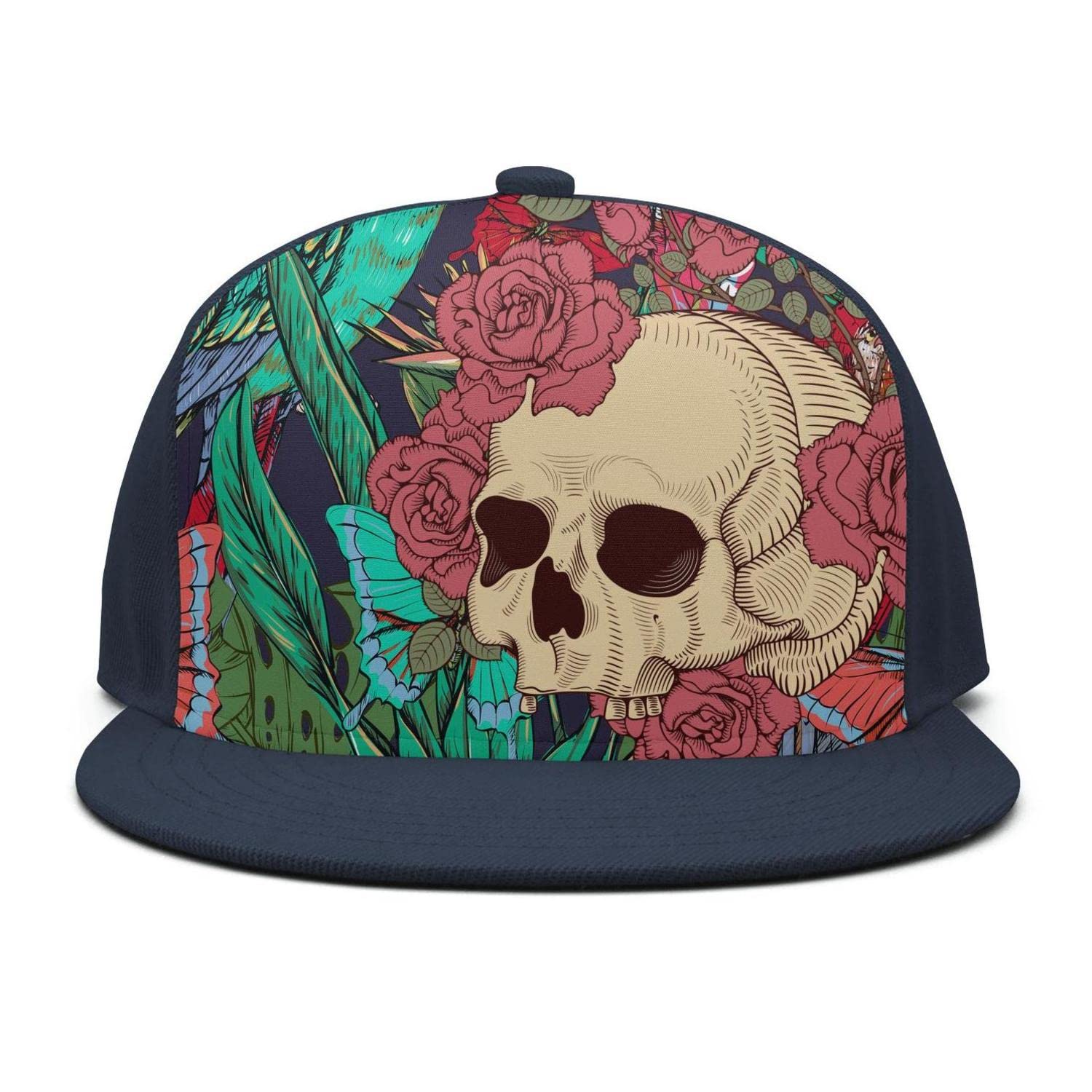 TT smemes Navy Blue Skull Rose Fitted Flat Brim Baseball Cap Snapback for Men Women Trucker Hat