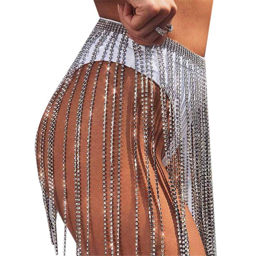 Yokawe Crystal Tassel Body Chains Belly Dance Skirts Rhinestones Bikini Hip Waist Chain Summer Beach Nightclub Accessories for Women (Silver)