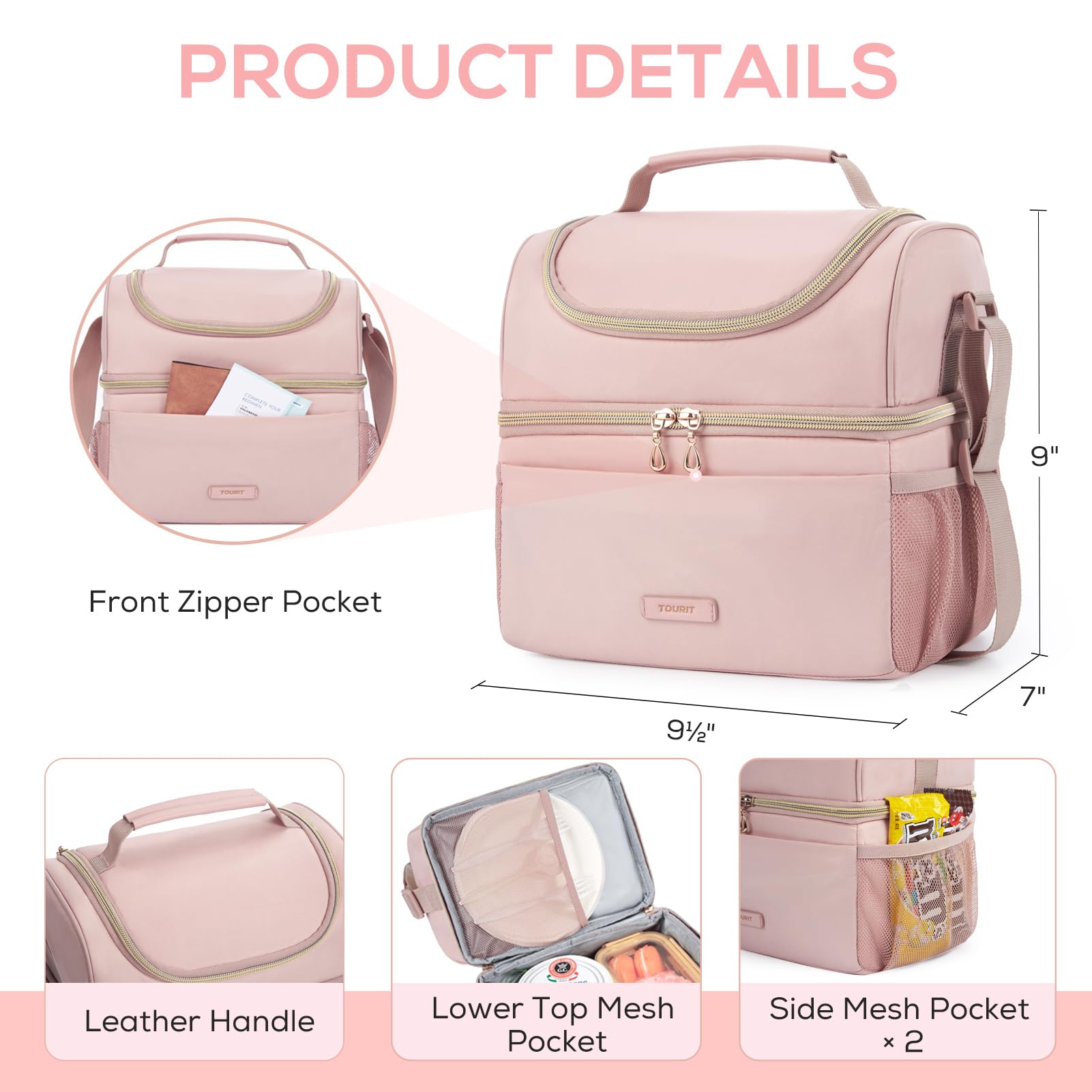 TOURIT Dual Compartment Lunch Bag Women Insulated Lunch Box Cooler Bag for Men, Women, Work, Picnic, Pink