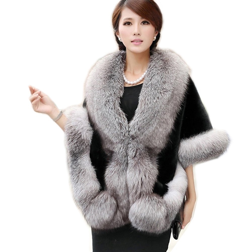 Roniky Women's Faux Fur Coat Wedding Cloak Cape Shawl for Evening Party
