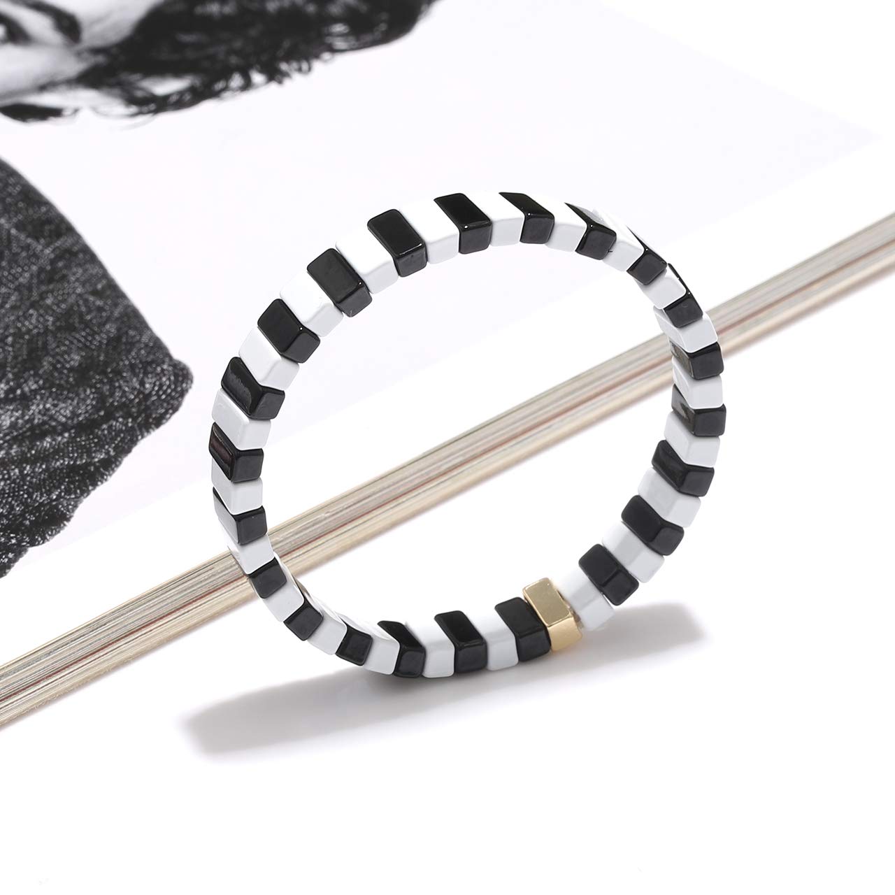Urwomin Enamel Tile Bracelets Rainbow Tile Bead Stand Bracelets (A White+Black)