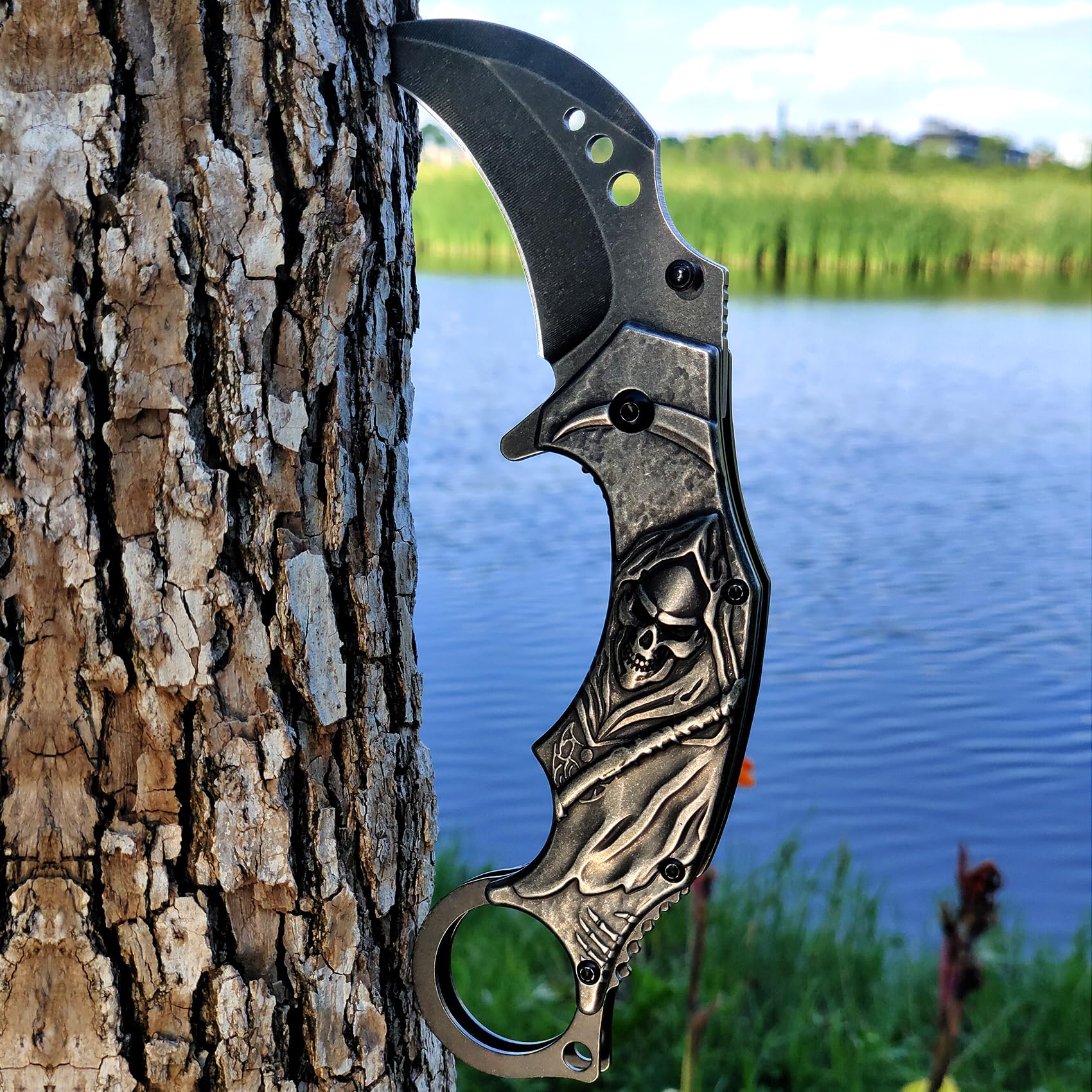 Vividstill Pocket Knife for Men, Folding Knife With Clip & 3D Relief, Embossed Edc Knife For Men Outdoor Survival Camping Hiking hunting (Black)