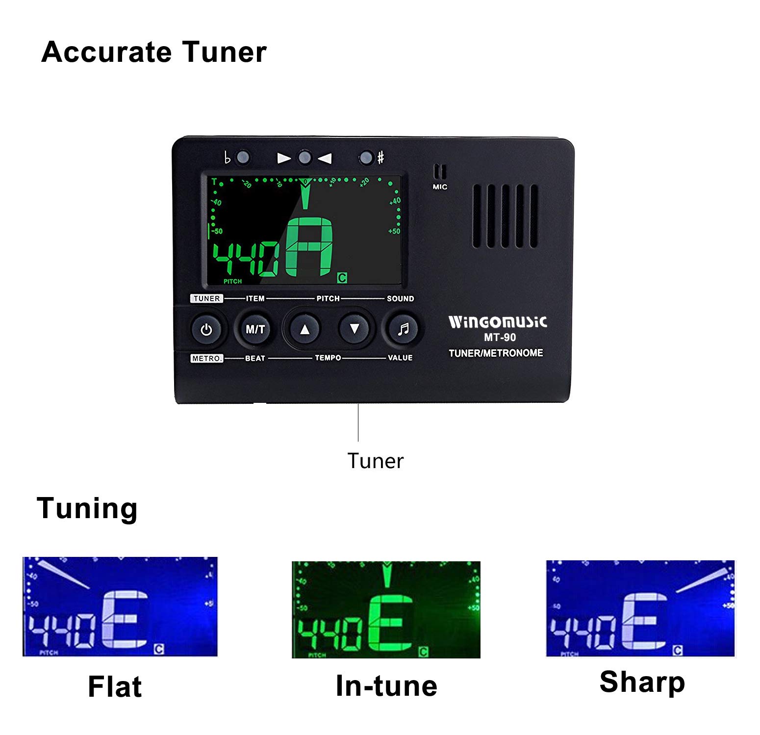 WINGO Digital Metronome, Tuner and Tone Generator - 3 in1 Device(Black)-for Chromatic, Guitar, Bass, Ukulele, Violin-Battery Included