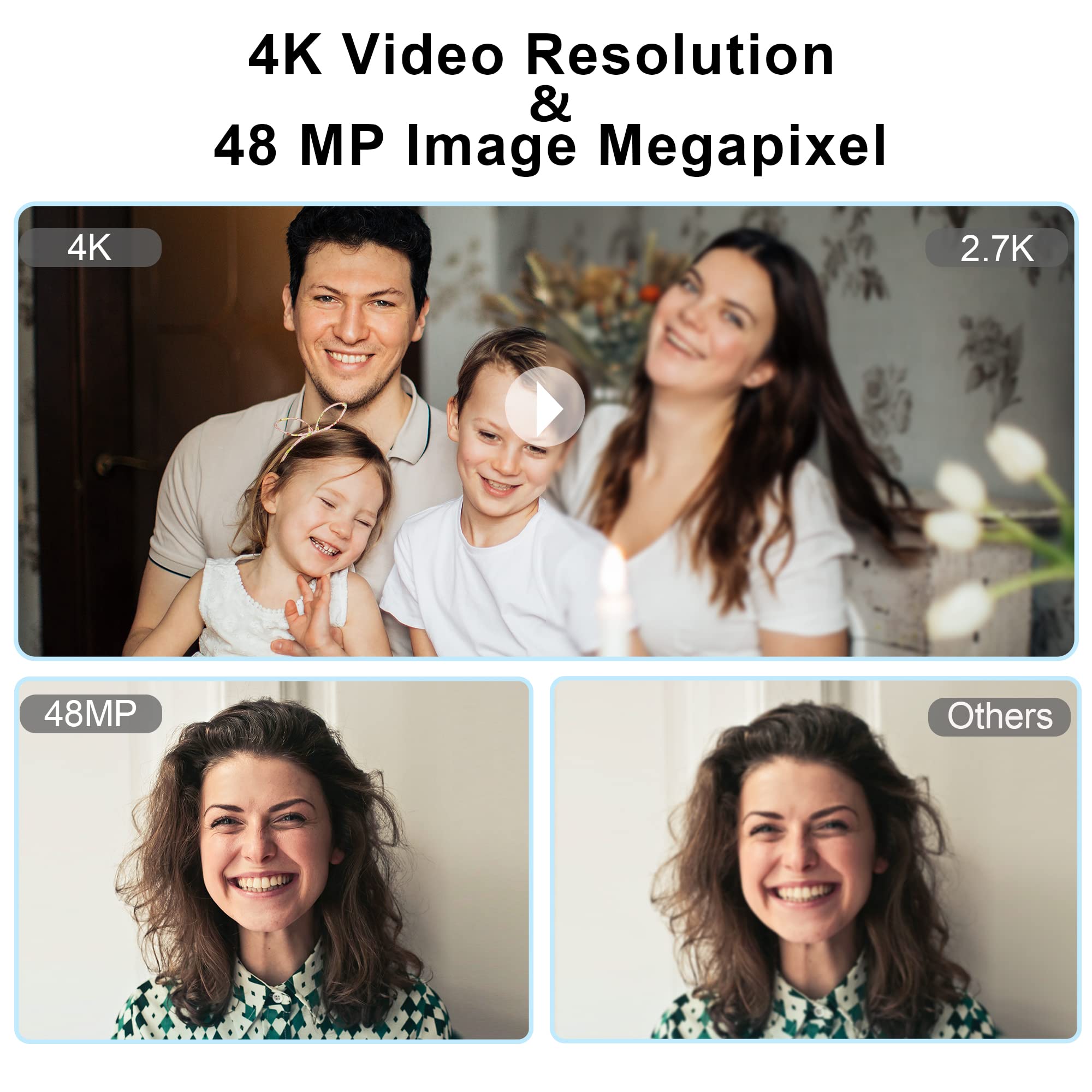 YEEIN 4K Point and Shoot Digital Cameras for Photography and Video, 48MP Anti-Shake Manual Focus Vlogging Camera with 32G Card, 3'' Screen Portable Camera for Beginners